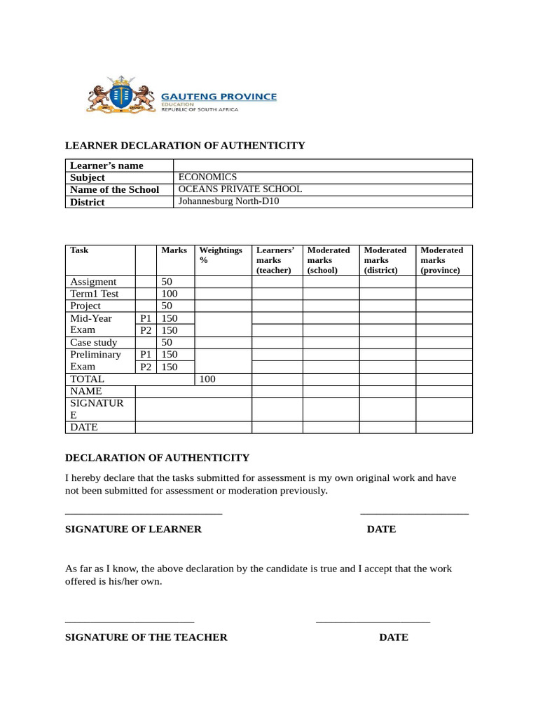 Learner Declaration of Authenticity | PDF