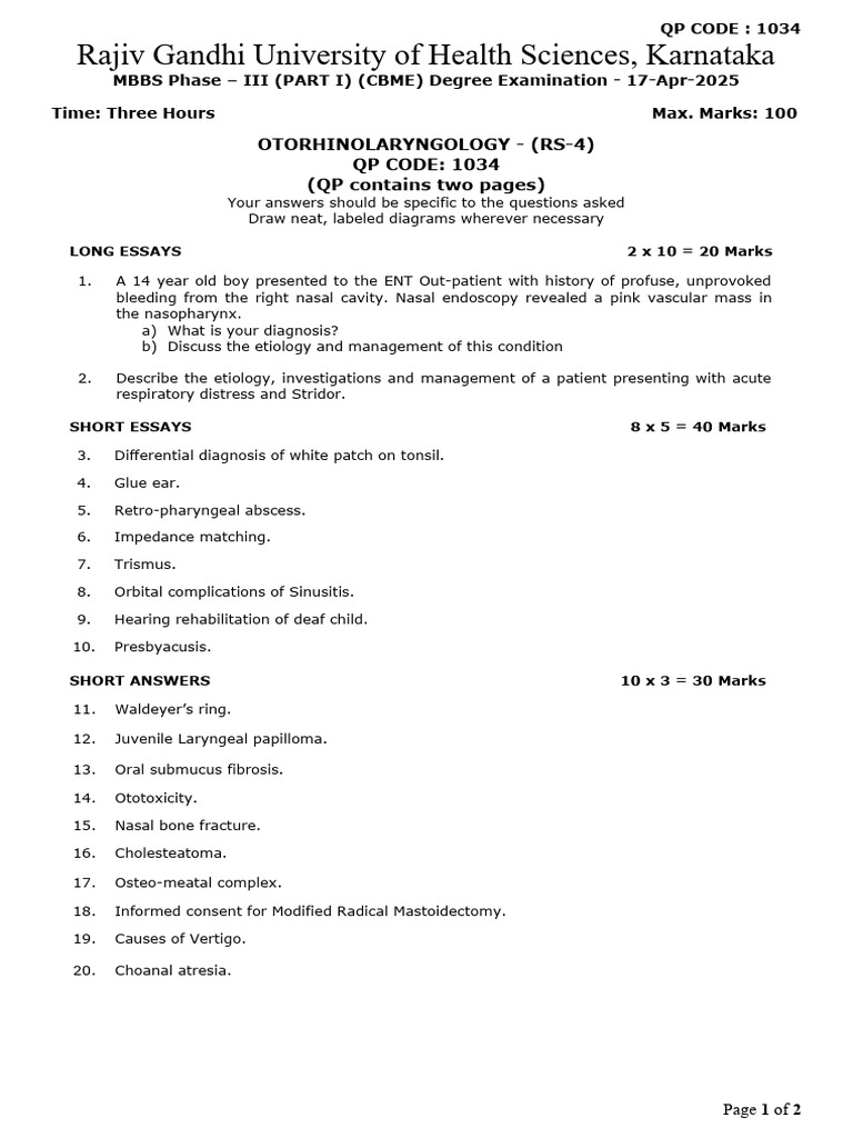 Mbbs - 1034 - Otorhinolaryngology - Tp1 ( April-2025 )_april-2025 (Apr ...