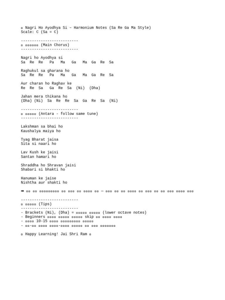 Nagri Ho Ayodhya Si Harmonium Notes | PDF