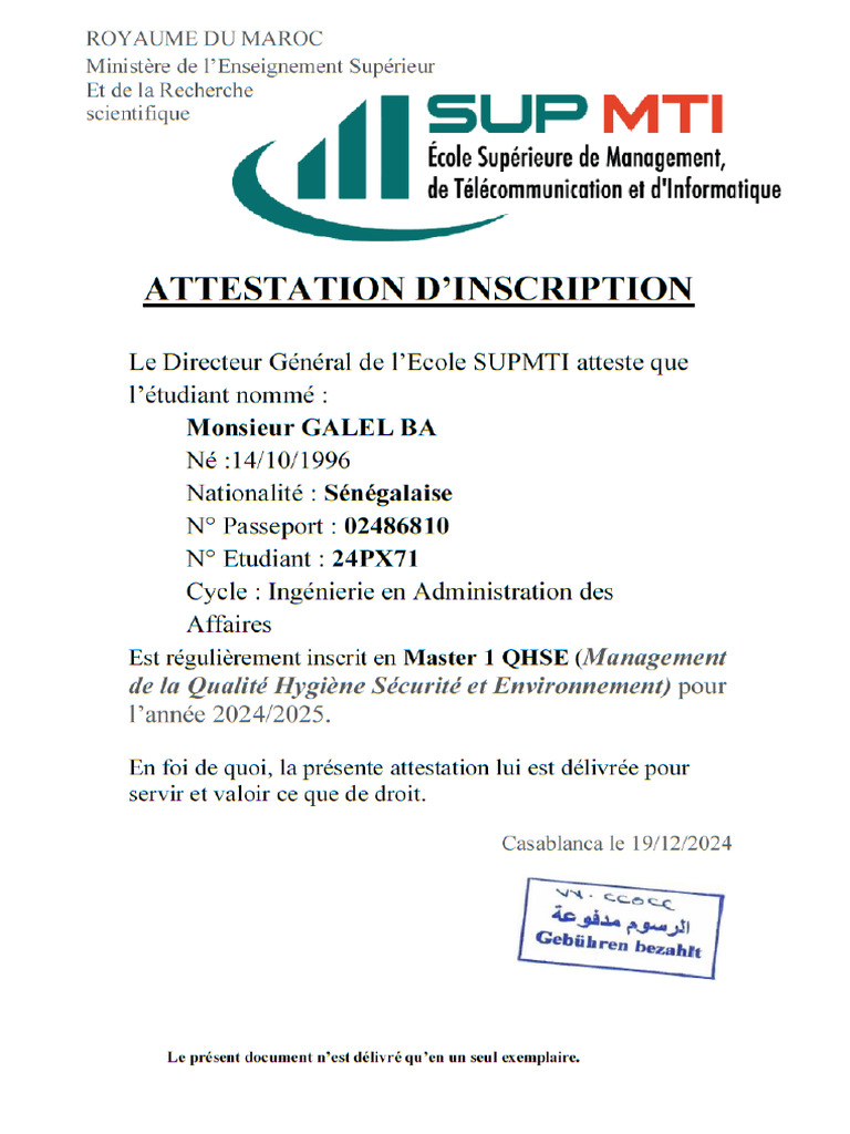 Attestation D'inscription Ba Galel | PDF