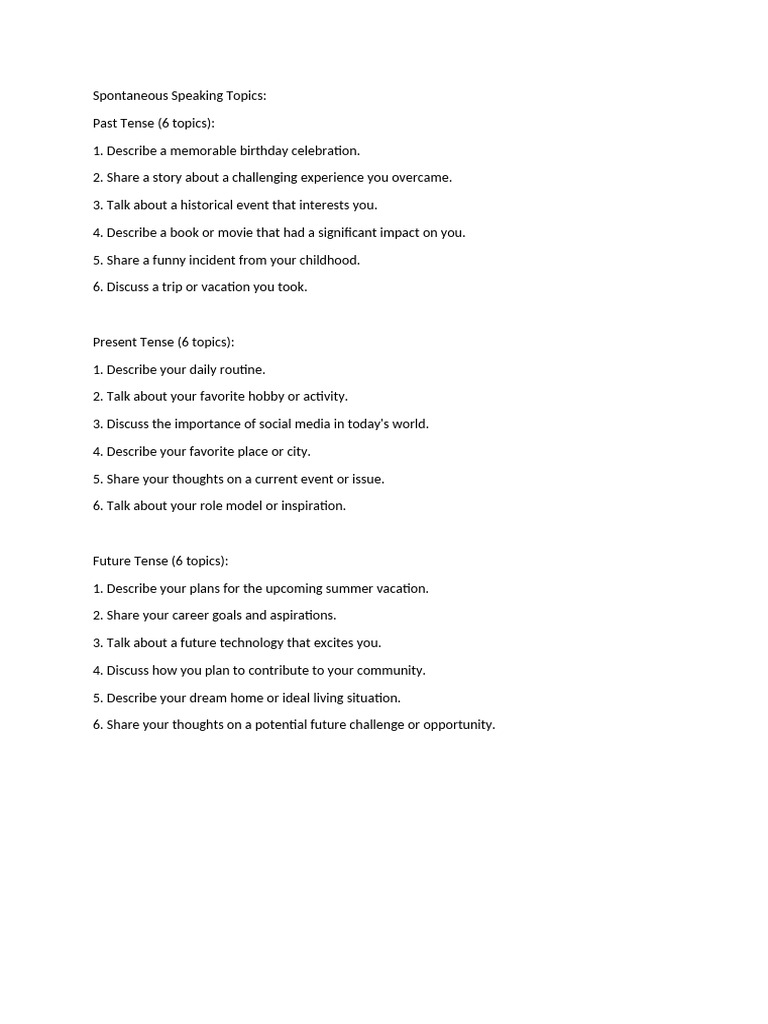 Spontaneous Speaking Topics | PDF