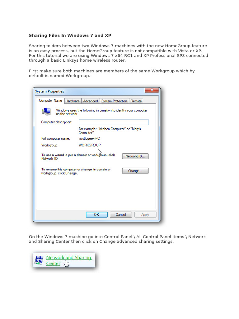 Sharing Files in Windows 7 and XP | PDF | Windows 7 | Windows Xp