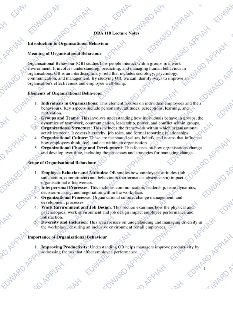 DBA 118 Lecture Notes Organization Behavior | PDF