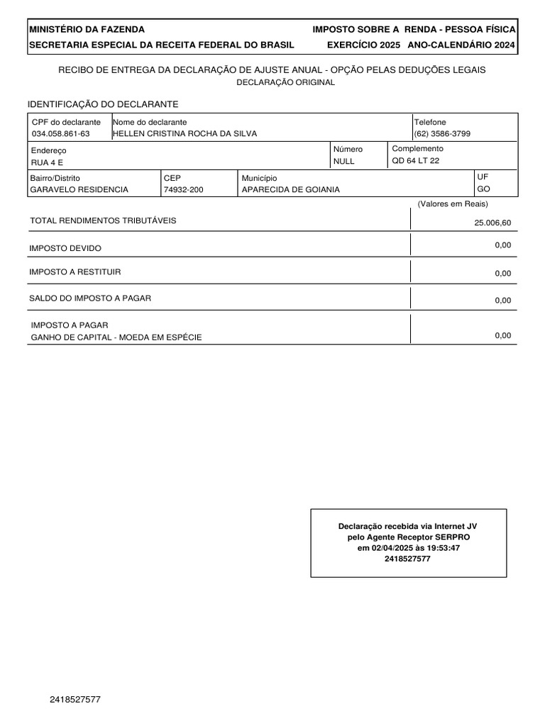 03405886163-IRPF-A-2025-2024-REC-2 | PDF | Imposto de Renda | Impostos