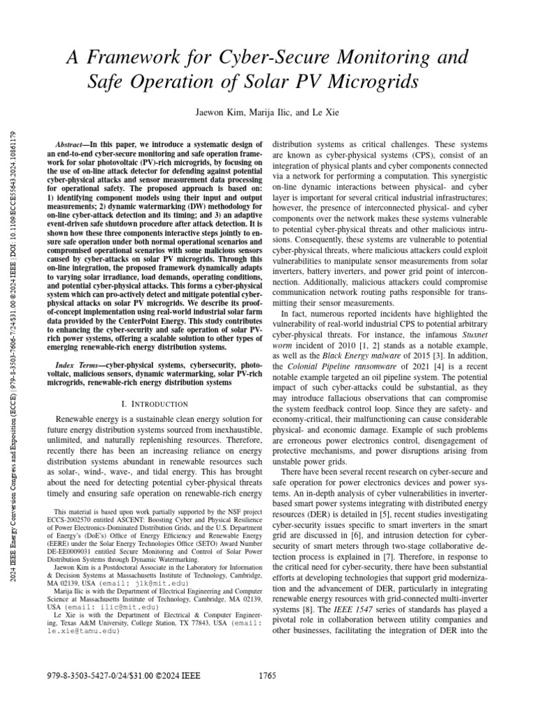 A Framework For Cyber-Secure Monitoring and Safe Operation of Solar PV Microgrids | PDF ...