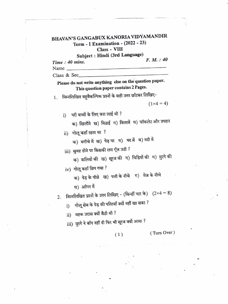 Class 8 Term 1 Question Paper | PDF