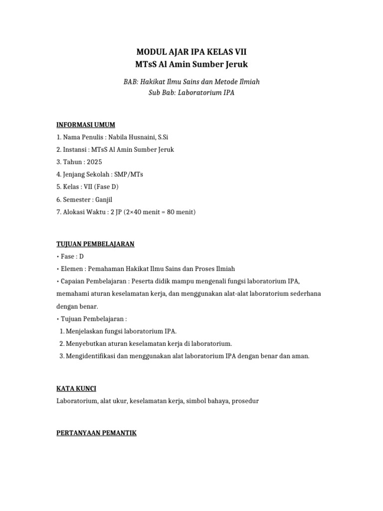 Modul IPA Kelas VII: Laboratorium dan Keselamatan | PDF