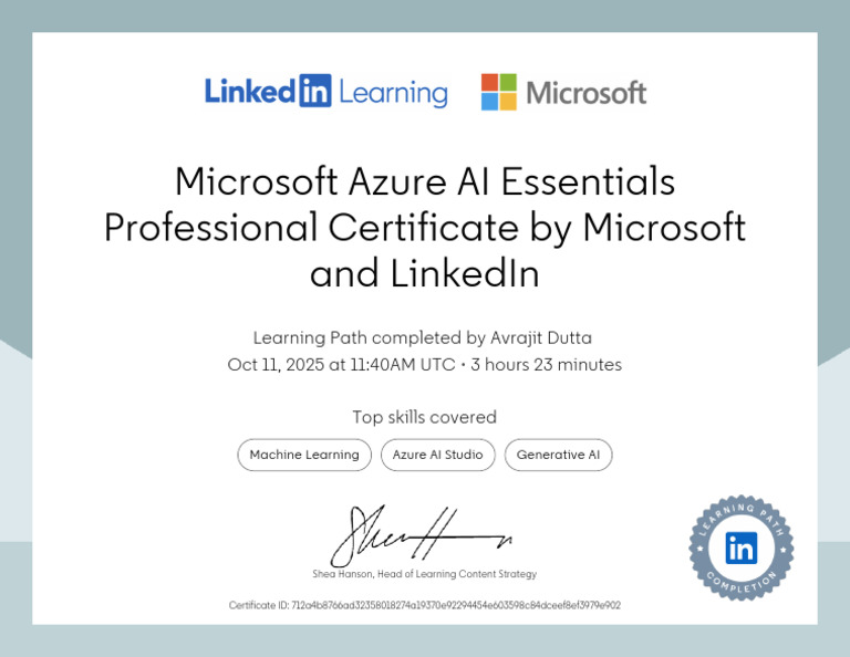 CertificateOfCompletion - Microsoft Azure AI Essentials Professional Certificate by Microsoft ...