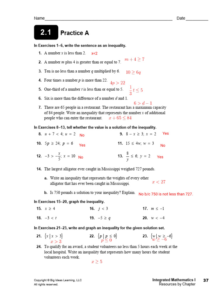 Chapter 2 Practice Packet (Answers) | PDF | Inequality (Mathematics ...