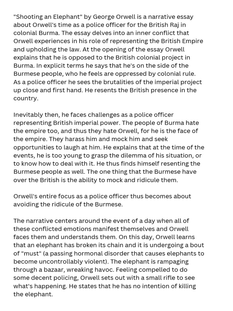 Shooting An Elephant by George Orwell Is A Narrative Essay About Orwell ...