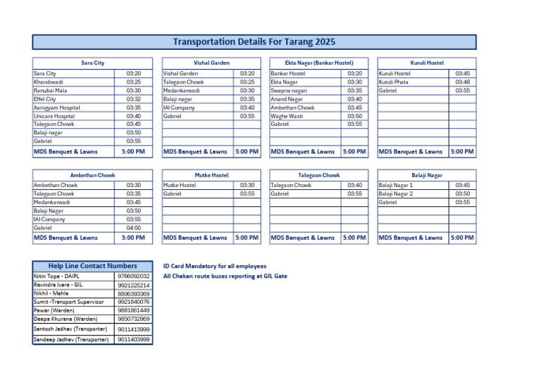 Transportation Details For Tarang 2025 - Chakan | PDF