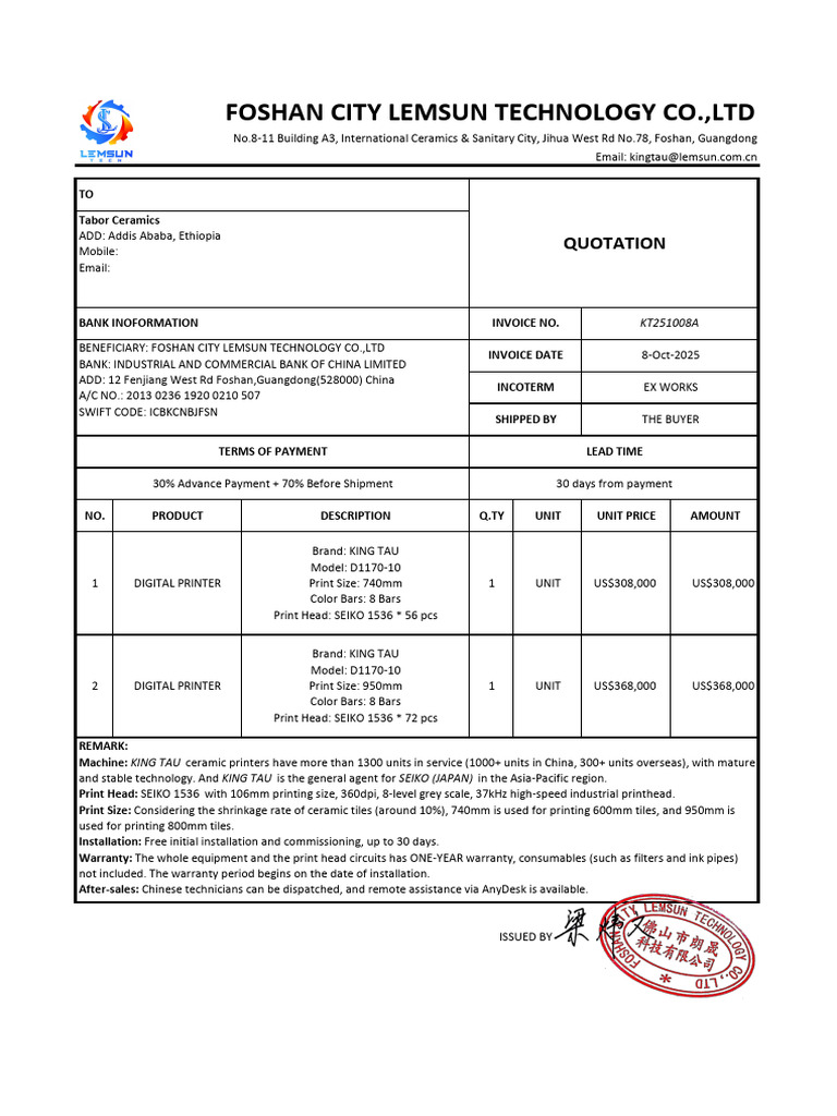 LS251008A Quotation Tabor Ceramics D1170-10 | PDF | Printer (Computing) | Printing
