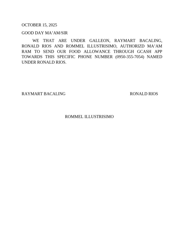 Galleon Food Allowance Letter | PDF