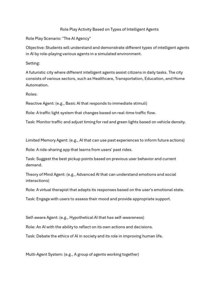 Types of Intelligent Agents Role Play | PDF | Intelligence (AI ...