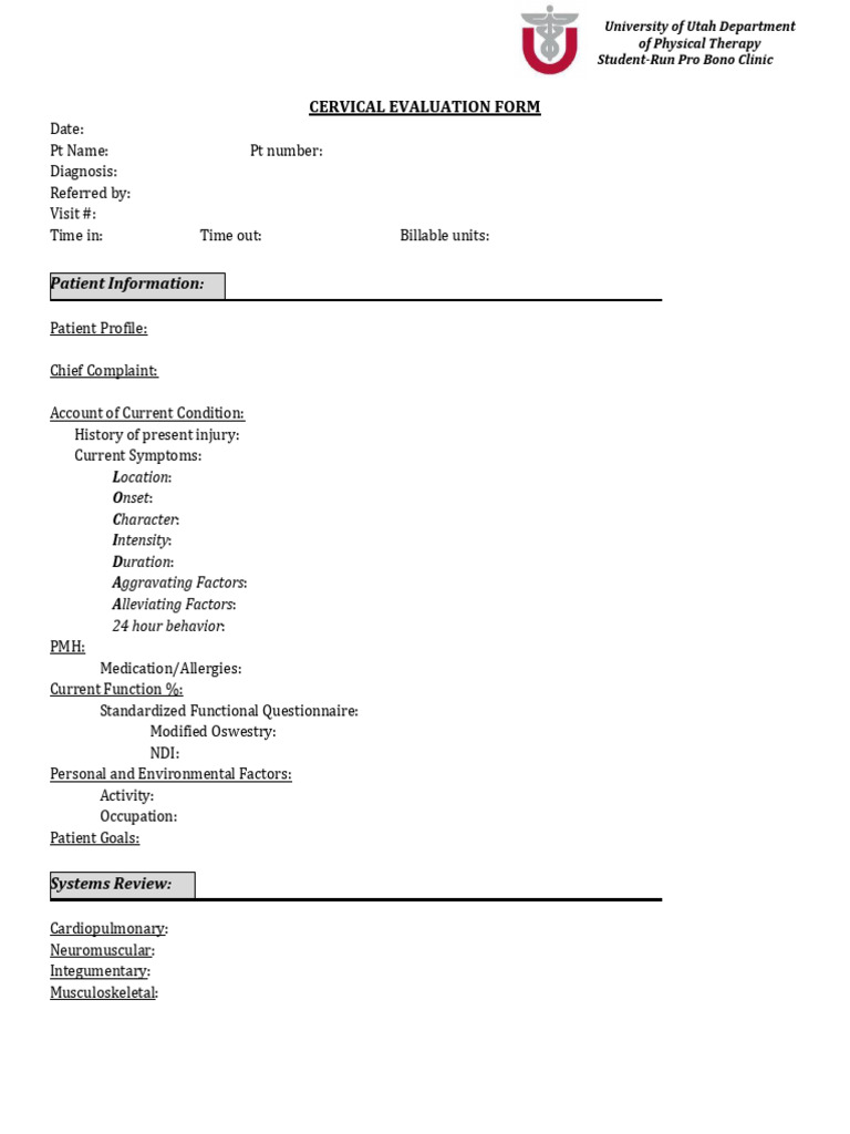 Cervical Goniometry Evaluation Form | PDF | Physical Therapy | Nervous ...