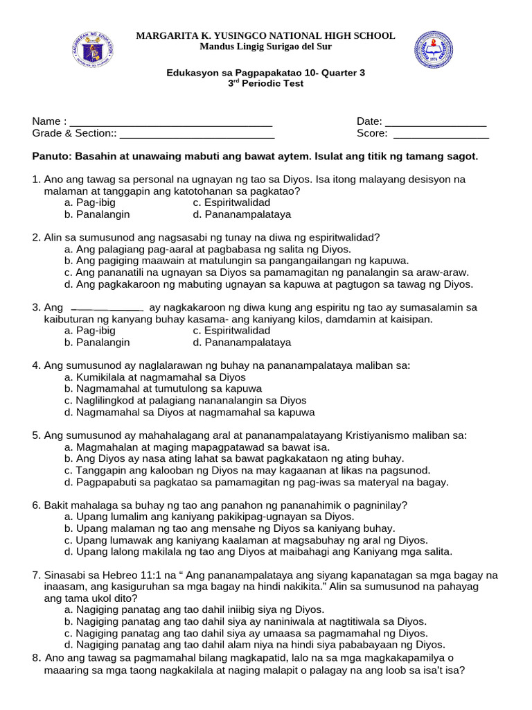 EsP10 Assessment Q3 | PDF