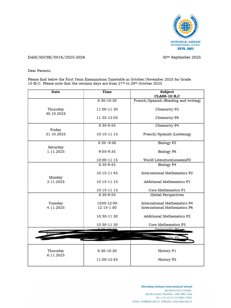 Grade 10 November 2025 Exam Timetable | PDF