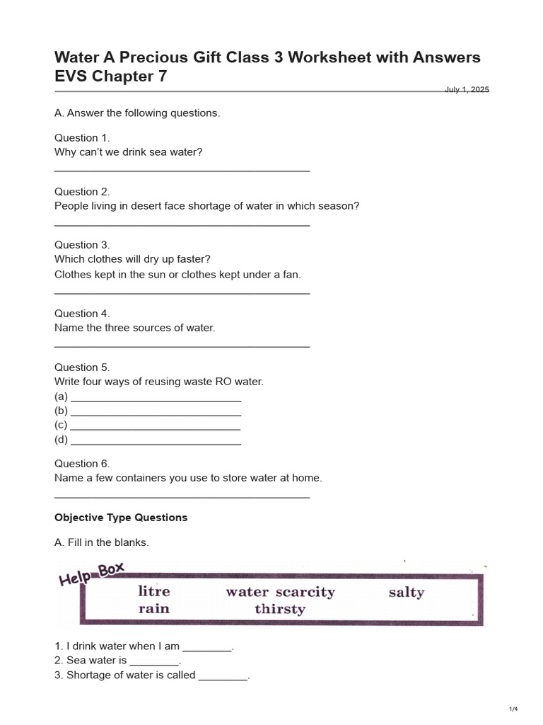 Class 3 Water: A Precious Gift Worksheet | PDF | Water | Rain