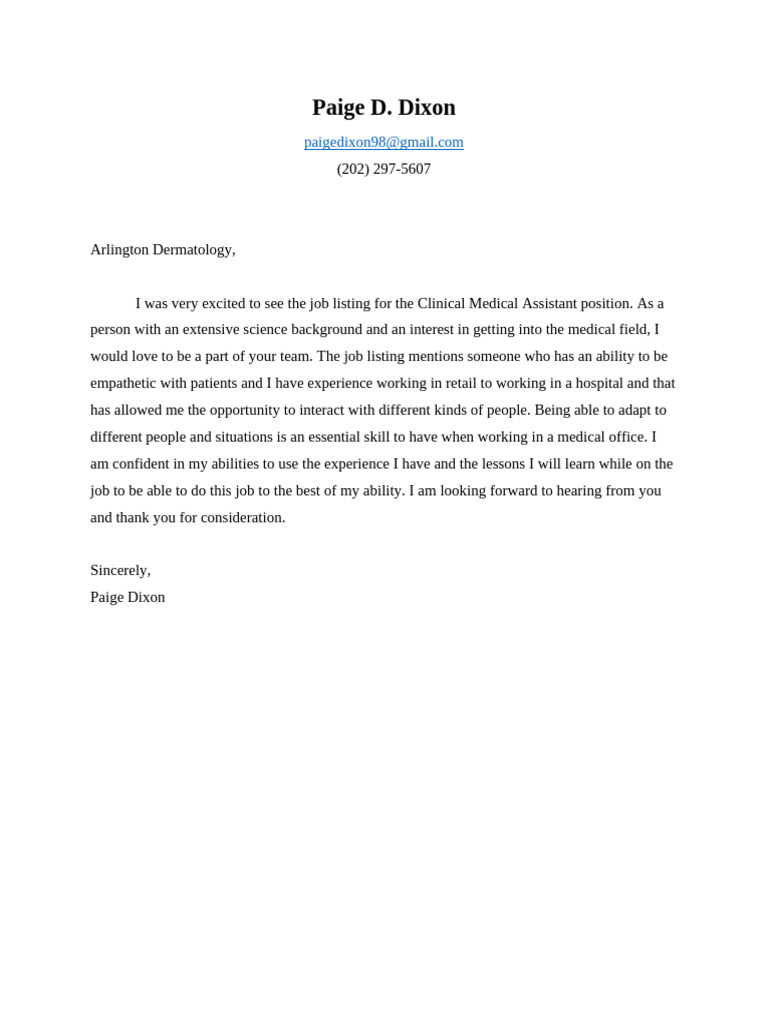 Arlington Dermatology Cover Letter | PDF