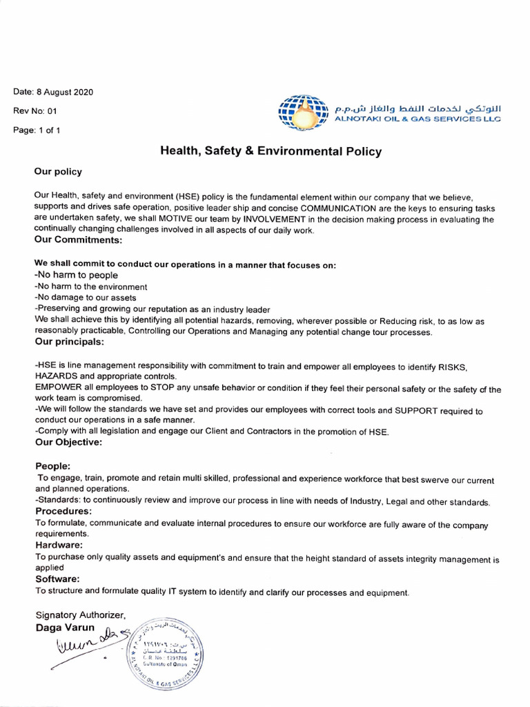 HSE Policy for Oil & Gas Services | PDF | Safety | Risk