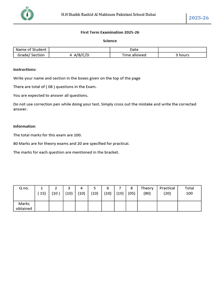 Gr-4 Science First Term Exam 2025-26 | PDF | Solubility | Water