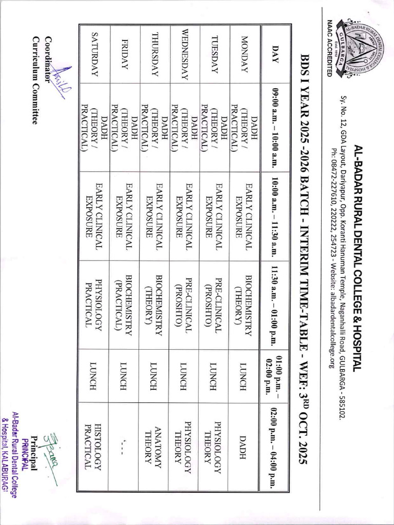BDS - I Interm Time Table-OCT-2025 | PDF