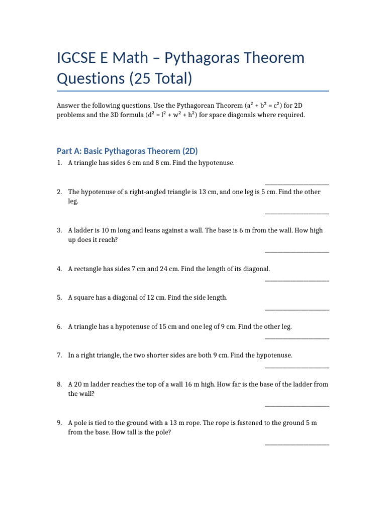 IGCSE Pythagoras Theorem Questions | PDF | Length | Euclidean Plane ...