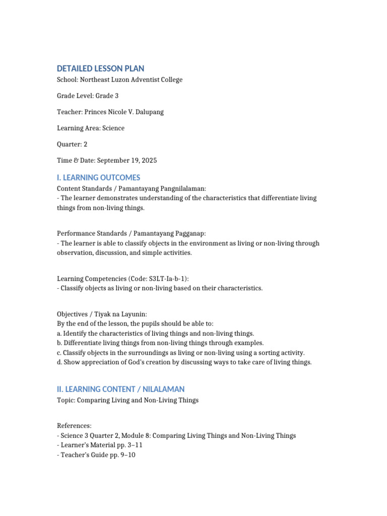 Detailed Lesson Plan Living NonLiving With Gawaing | PDF | Learning ...