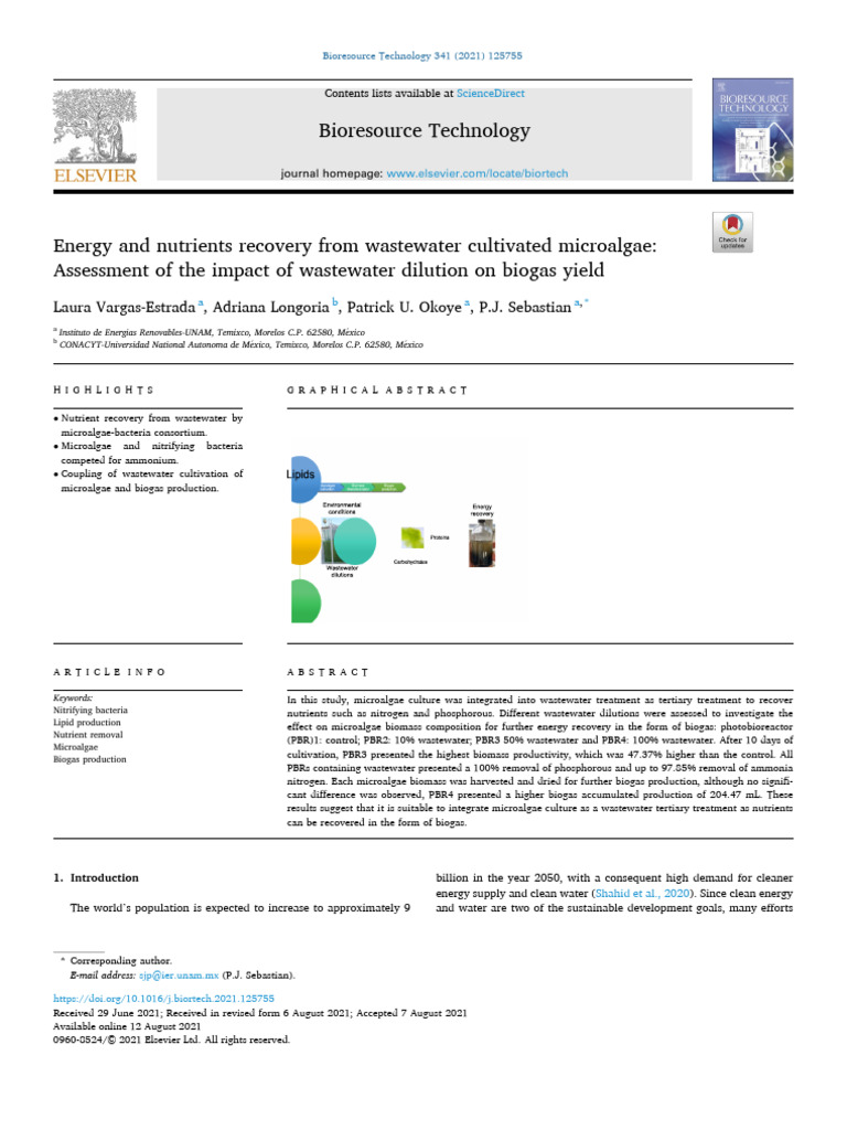 1 s2.0 S0960852421010968 Main | PDF | Algae Fuel | Anaerobic Digestion