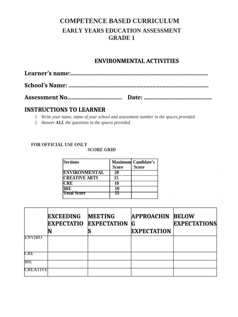 Grade 1 Environmental Activities Assessment | PDF | Tooth