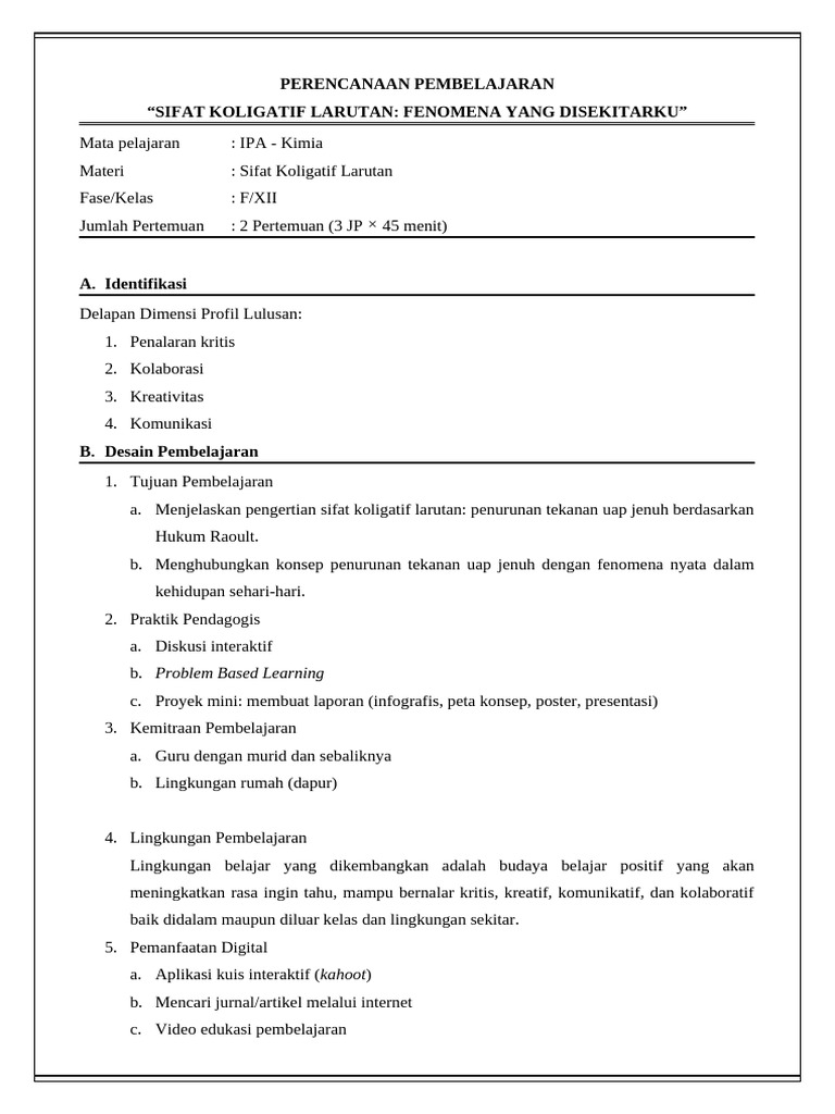 RPP Sifat Koligatif Larutan IPA F/XII | PDF