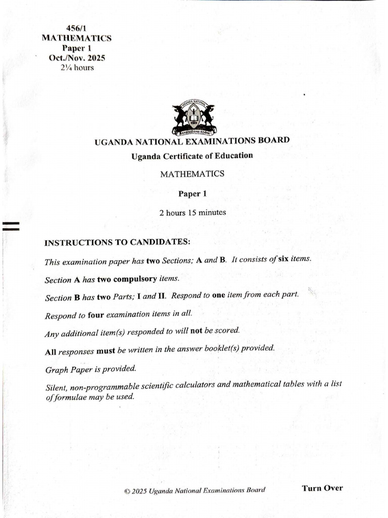Uneb Uce Math1-2025 | PDF