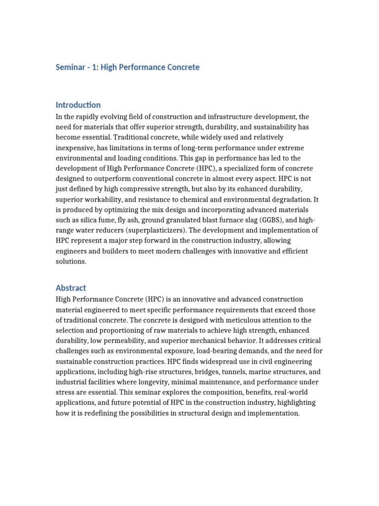 High Performance Concrete Seminar Report | PDF | Concrete | Materials