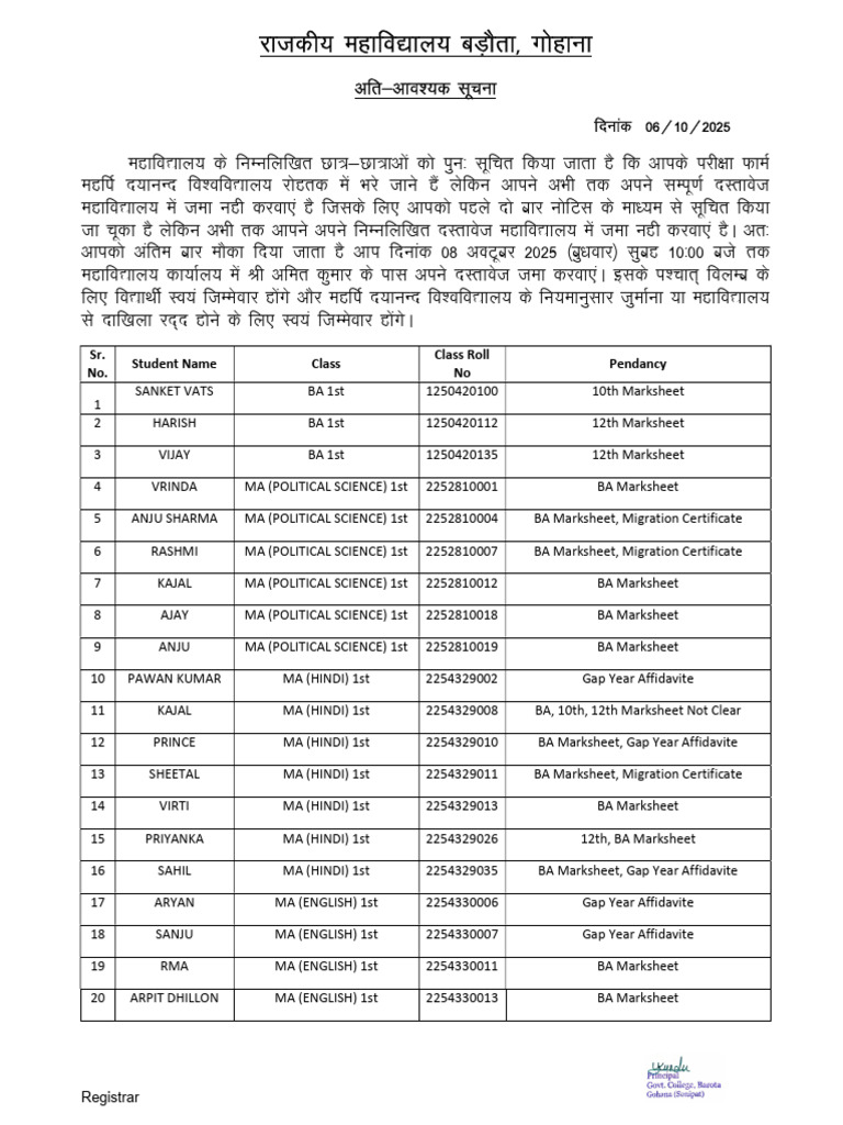 Final Notice For Pending Documents | PDF
