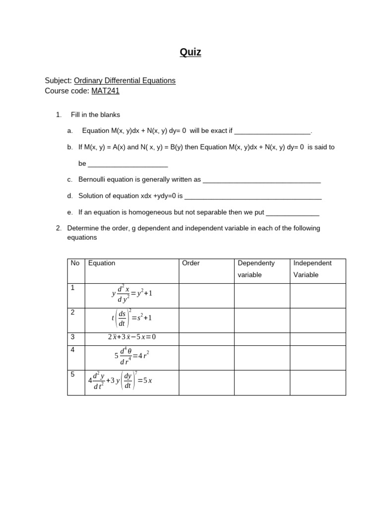 Differential Equations Quiz Questions | PDF