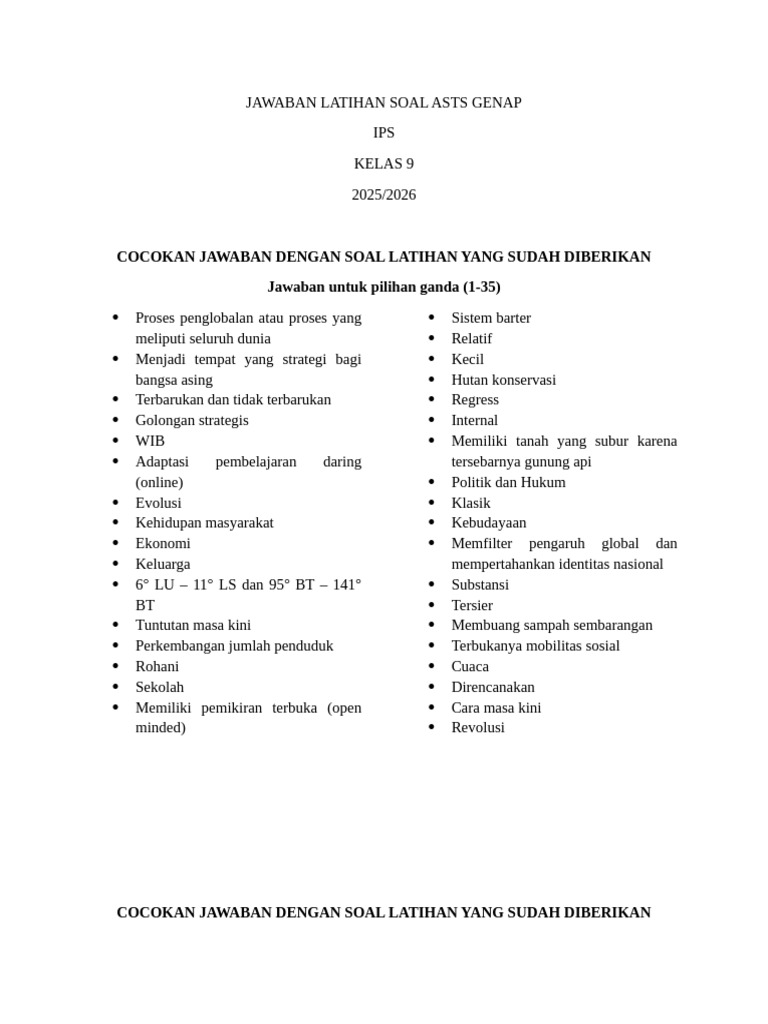 Jawaban Latihan Soal Asts Genap Kelas 9 Ips | PDF
