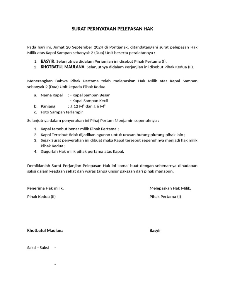 Surat Pelepasan Hak Kapal Sampan | PDF