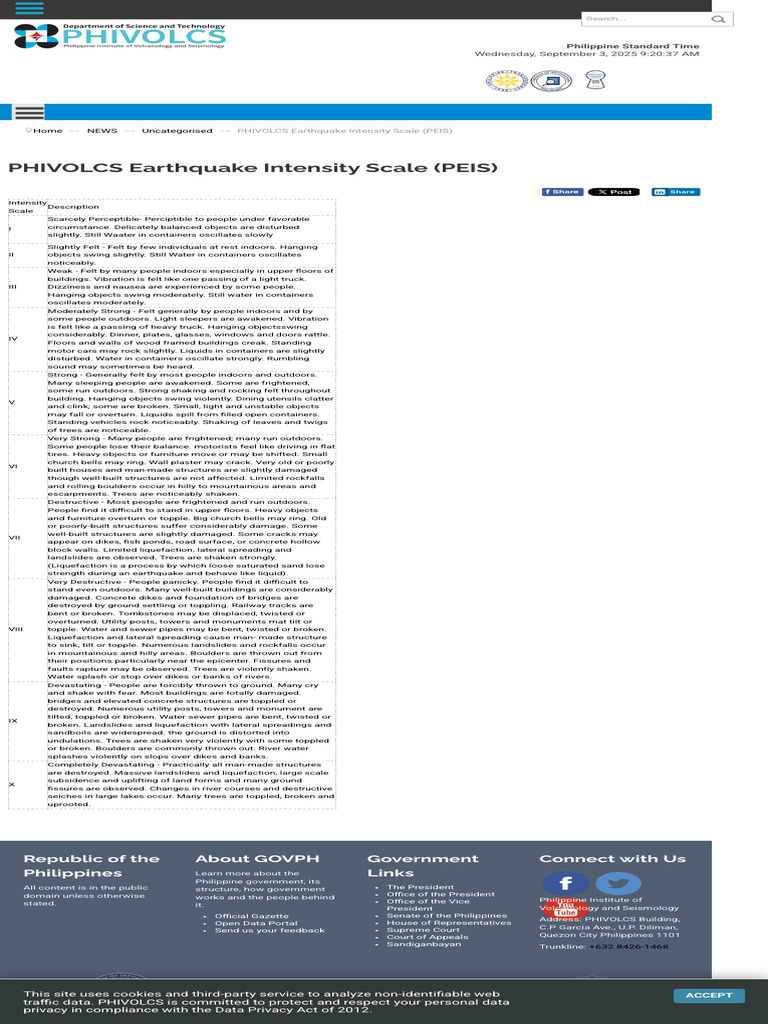 PHIVOLCS Earthquake Intensity Scale | PDF | Natural Disasters | Seismology
