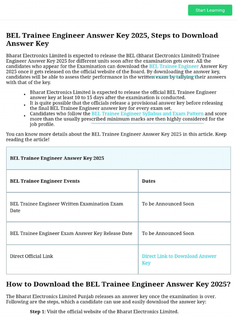 BEL Trainee Engineer Answer Key 2025, Steps To Download Answer Key | PDF