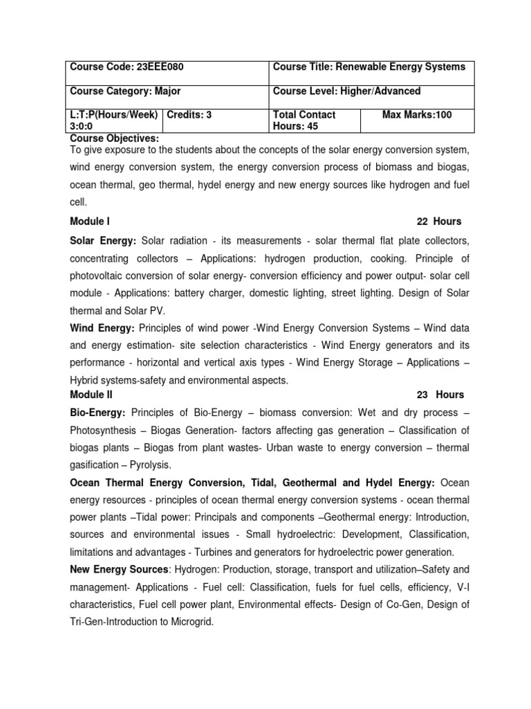 Renewable Energy Systems Syllabus | PDF | Solar Energy | Solar Power
