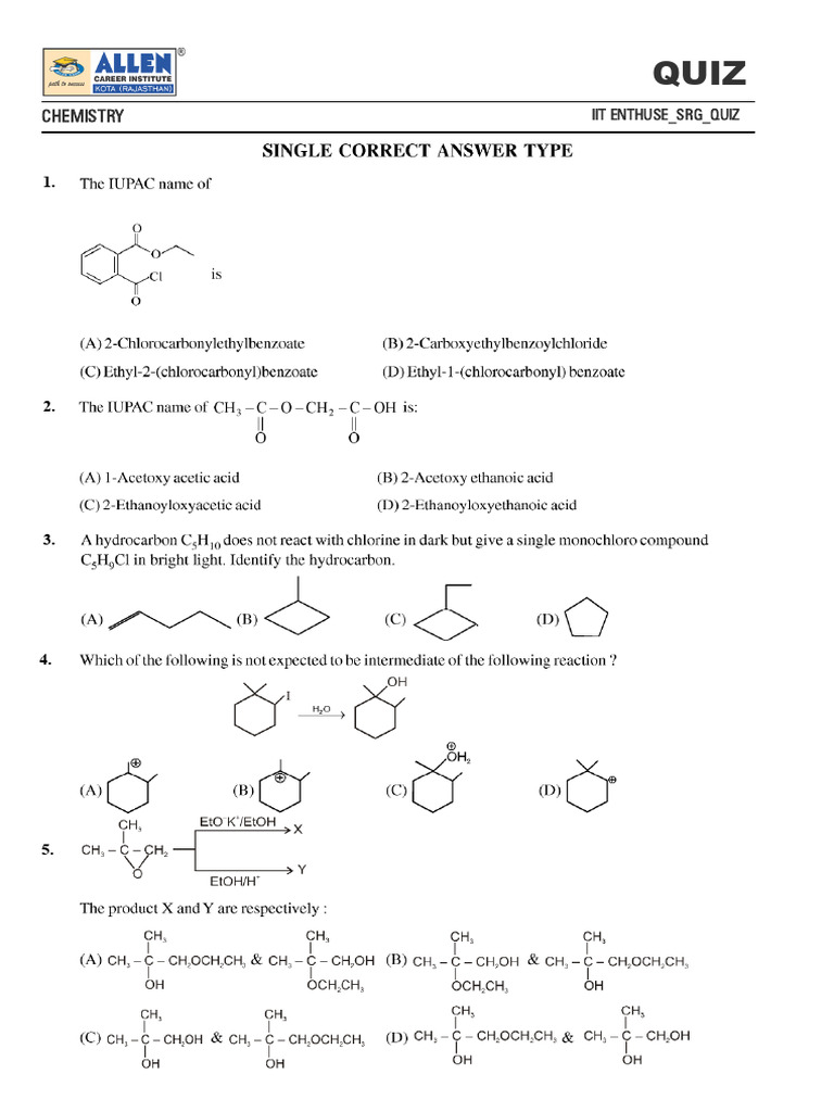 Chemistry IUPAC & Alkyl Halide Quiz With Answers | PDF