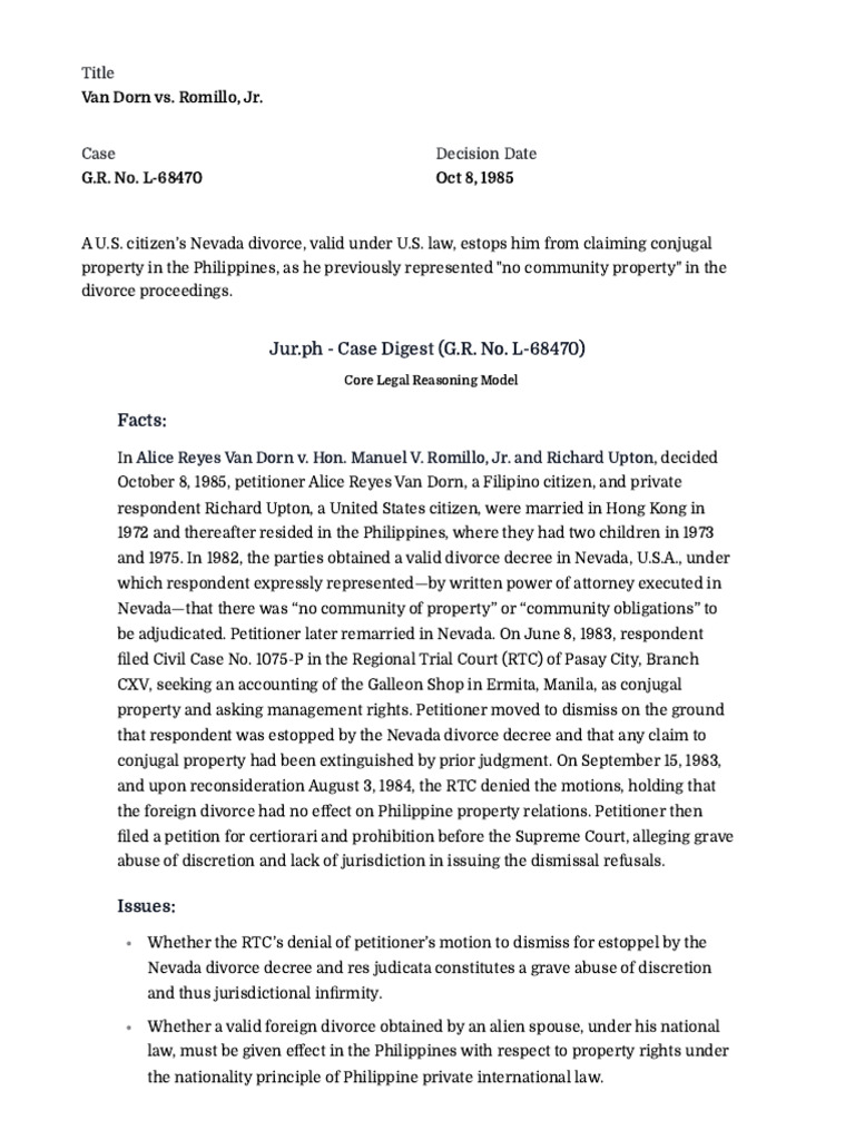 5 Case Digest - G.R. No. L-68470 - Van Dorn vs. Romillo, JR | PDF | Jurisdiction | Estoppel
