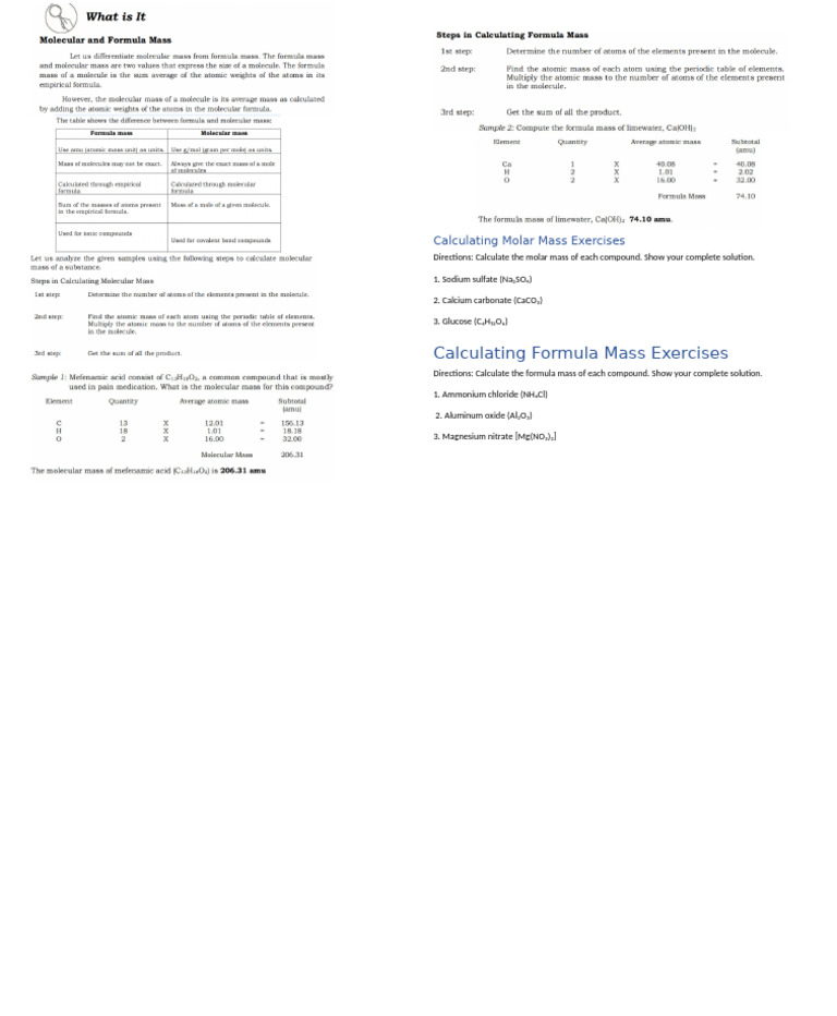 Molar and Formula Mass Calculation Guide | PDF
