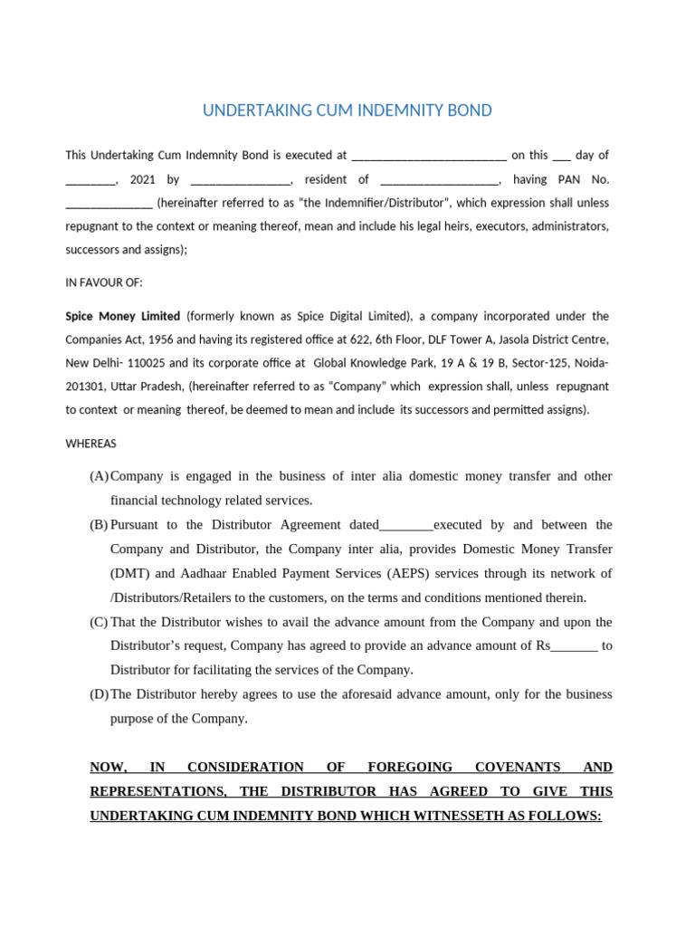 Undertaking Cum Indemnity Bond Format Spice Money | PDF | Indemnity | Private Law