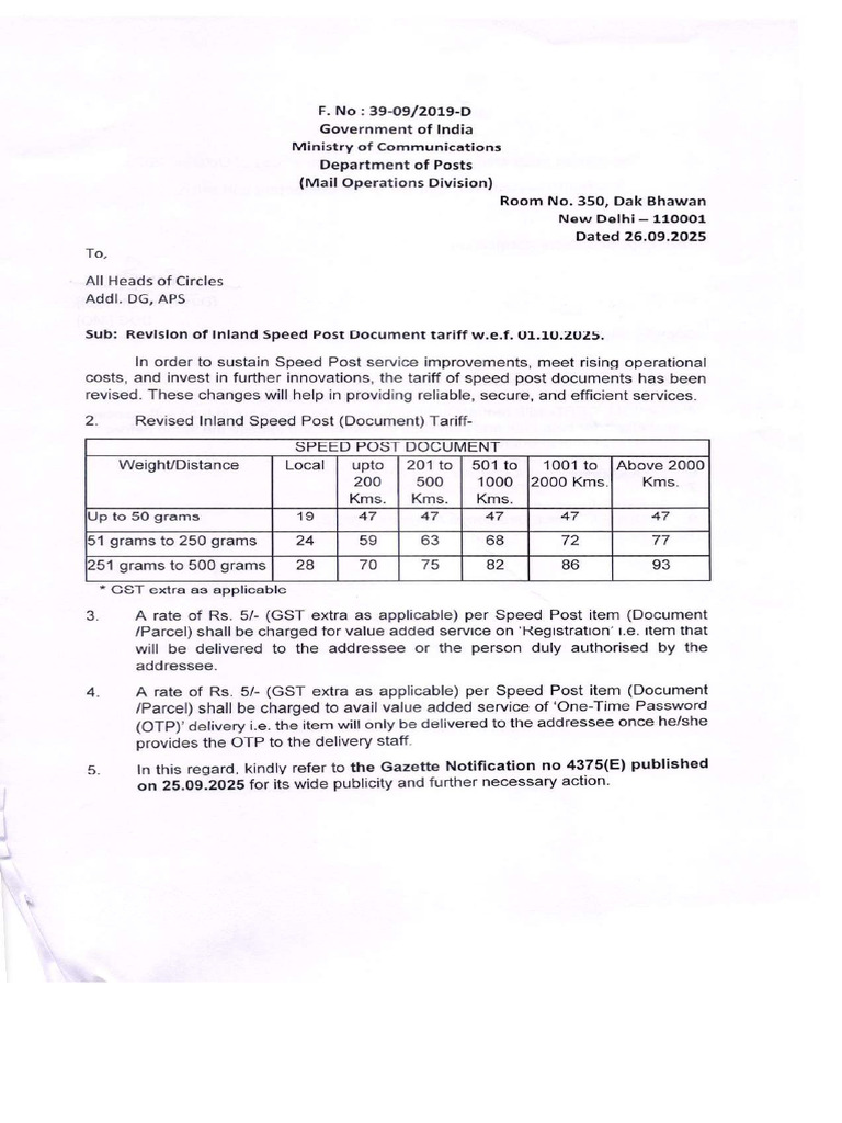 Tariff Revision - Speed Post Document | PDF