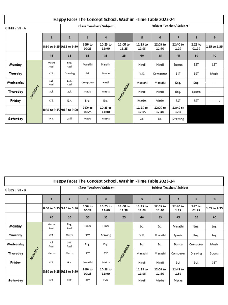 Gr. VII Time Table 2023-24 | PDF
