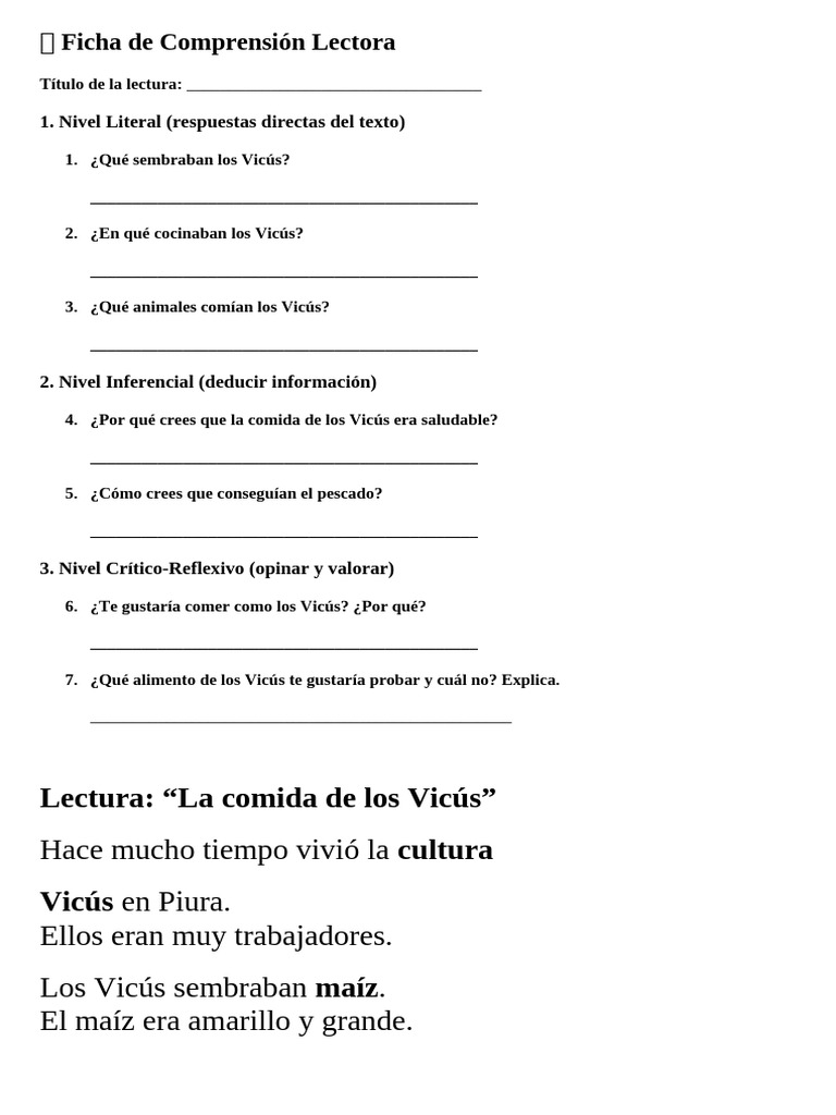 ? Ficha de Comprensión Lectora La Comida de Los Vicus | PDF
