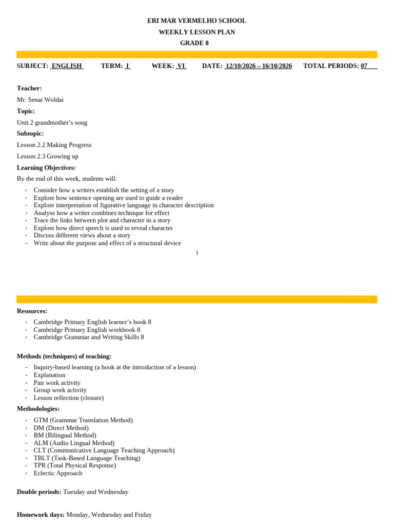 Grade 8 Term 1 Week 6 English | PDF | Teachers | Learning