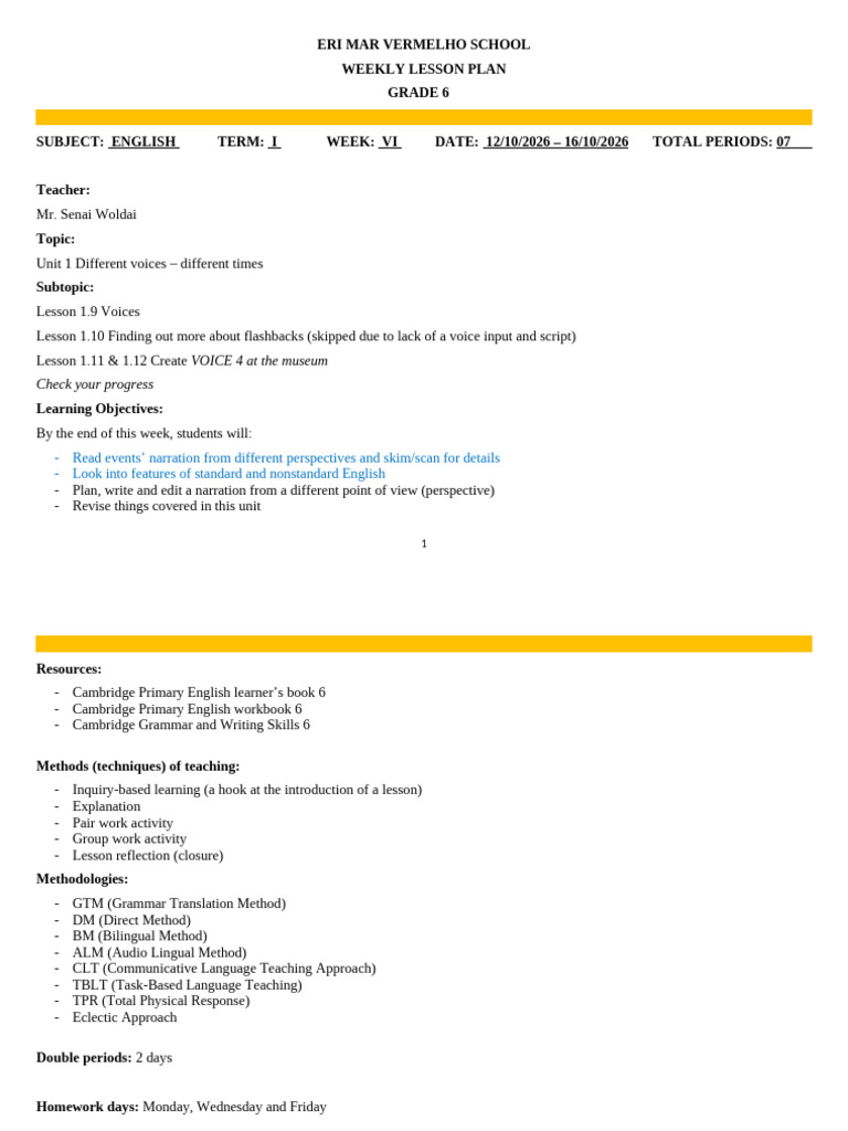 Grade 6 English Weekly Lesson Plan | PDF | Teachers | Learning