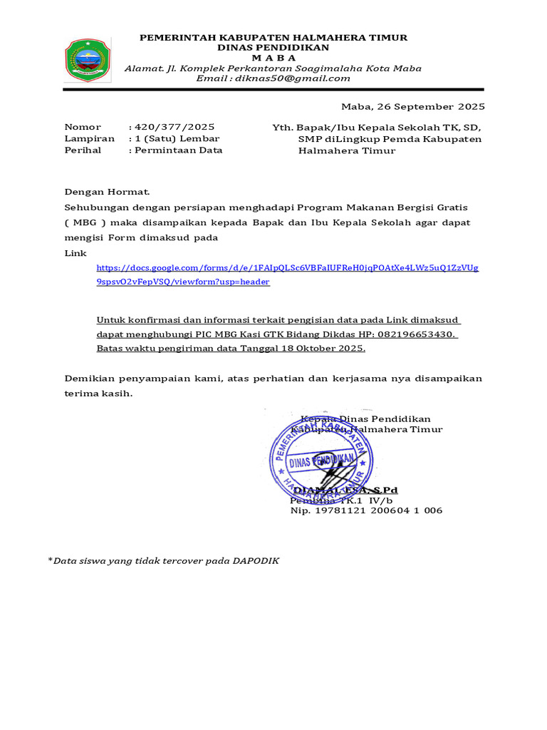 Permintaan Data Mbg Tahun 2025 New | PDF